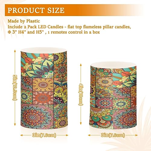 JULYTO Flameless Candles with Remote and Timer Boho Tile Abstract Patchwork Battery Operated Candles Set of 2 Beautiful Flower Flickering Pillar Led Fake Candles for Halloween Christmas Wedding Decor