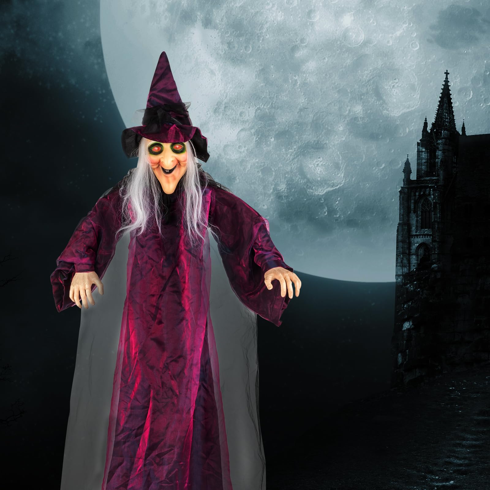72" Halloween Decorations Outdoor,Hanging Animated Talking Witch Decoration with Light-up Eyes and Sound Activation Function for Halloween Haunted House Prop Everyday Décor Lawn Decor