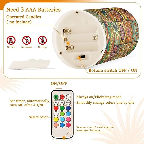 JULYTO Flameless Candles with Remote and Timer Boho Tile Abstract Patchwork Battery Operated Candles Set of 2 Beautiful Flower Flickering Pillar Led Fake Candles for Halloween Christmas Wedding Decor