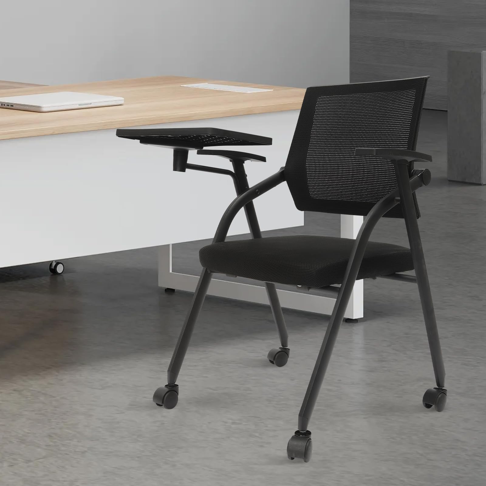 LOHISHILO 1pcs Mesh Guest Reception Stack Chair with Caster Arms for Office Conference, Reception, Training Room Chair, Schools, Meeting Rooms, Step Classrooms, Churches, Homes