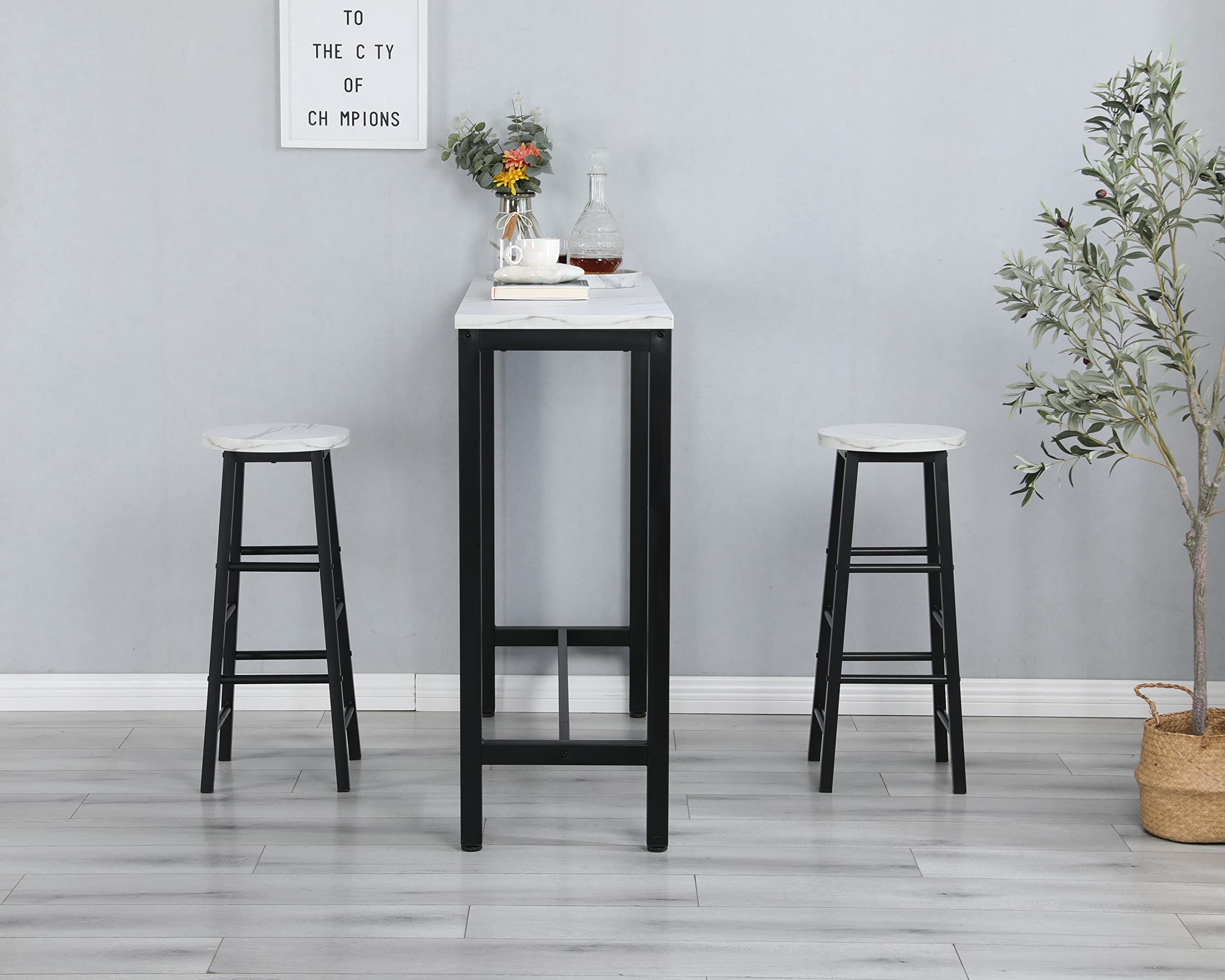 DiMorture Bar Table and Chairs Set Modern Counter Height Pub Table with 2 Stools, 3 Piece Marble Pattern Top & Metal Frame Bar Table Set Dining Table Set Home Kitchen Breakfast Table, White