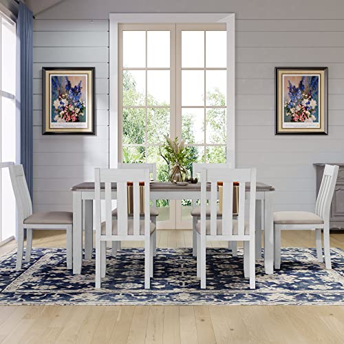 FIQHOME 7-Piece Room, Retro Style Extendable 6 Upholstered, Dining Table and Chairs Set, for Kitchen/Restaurant, Brown+White