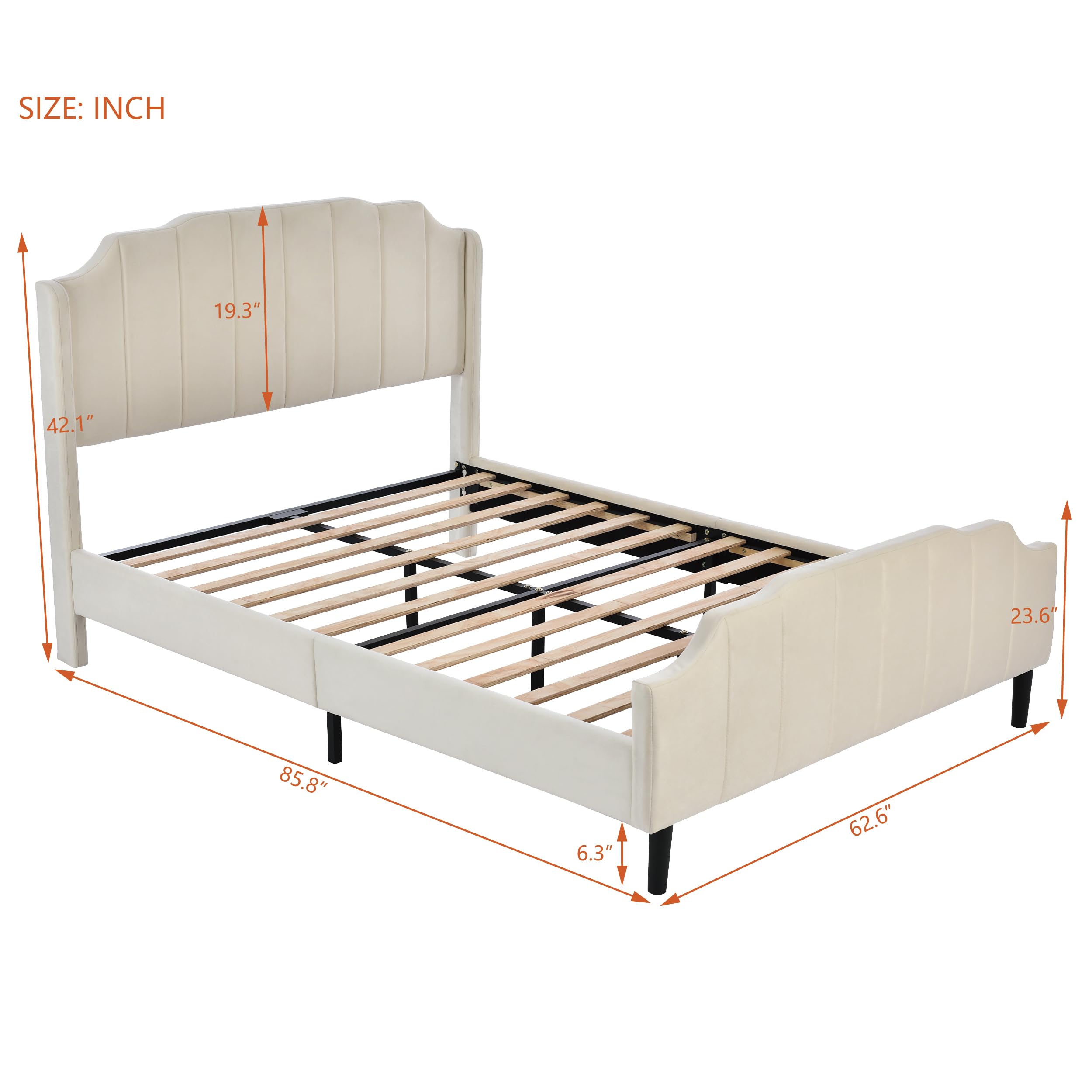 RUNWON Queen Size Upholstered Platform Bed,Bed Frame with Headboard and Footboard for Living Room/Bedroom, Velvet Fabric,Beige