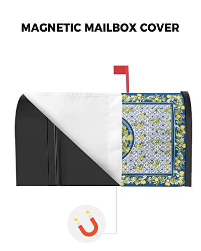 Mailbox Covers Blue Tile Yellow Lemon Green Leaves Mailbox Cover Magnetic Standard Size,Pastoral Farm Fruit Plant Mailbox Wraps Post Box Cover for Outdoor Garden Yard Patio Decor Mailbox Decals
