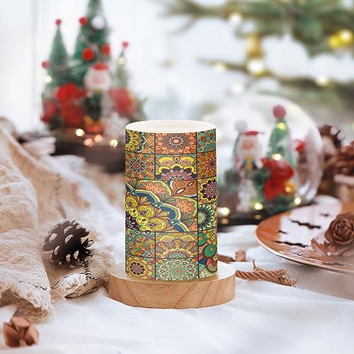 JULYTO Flameless Candles with Remote and Timer Boho Tile Abstract Patchwork Battery Operated Candles Set of 2 Beautiful Flower Flickering Pillar Led Fake Candles for Halloween Christmas Wedding Decor