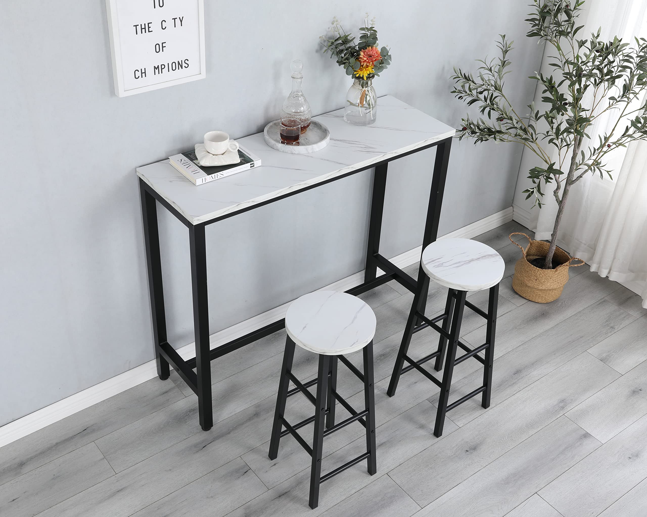 DiMorture Bar Table and Chairs Set Modern Counter Height Pub Table with 2 Stools, 3 Piece Marble Pattern Top & Metal Frame Bar Table Set Dining Table Set Home Kitchen Breakfast Table, White