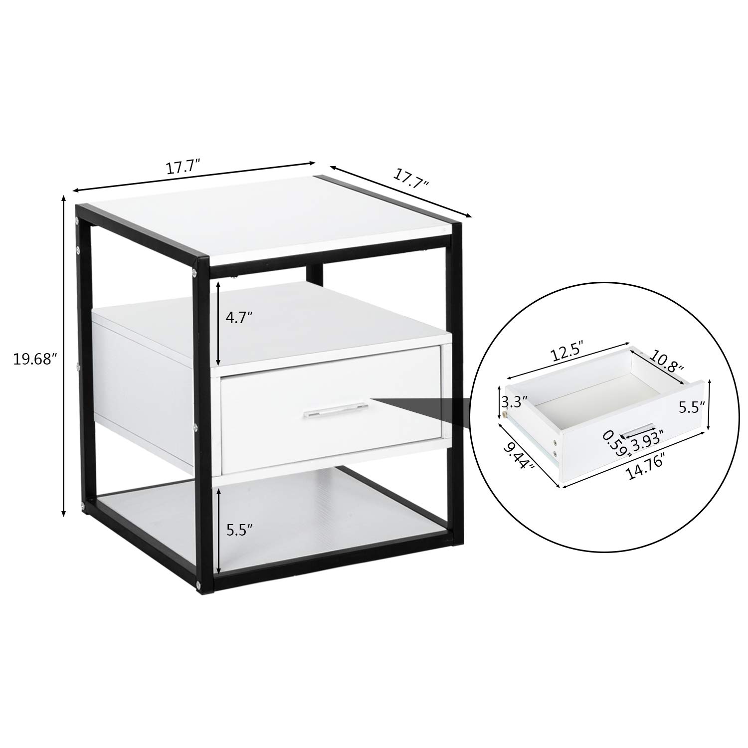Nightstand Set of 1 with Drawer Modern Square End Side Table for Storage, Open Shelf in Bedroom, Living Room, Small Space, Stable Metal Frame, White