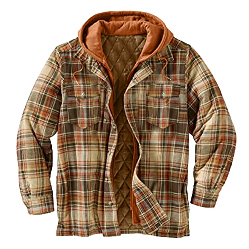 Hooded Flannel Shirts Light Flannel Jackets for Men Western Vest Large Hood Long Coat Casual for Man Checkered Pants Zip Hoodie Plaid Flannel Men(10-Khaki,XX-Large)