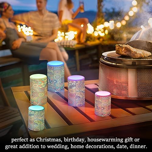 JULYTO Flameless Candles with Remote and Timer Boho Tile Abstract Patchwork Battery Operated Candles Set of 2 Beautiful Flower Flickering Pillar Led Fake Candles for Halloween Christmas Wedding Decor