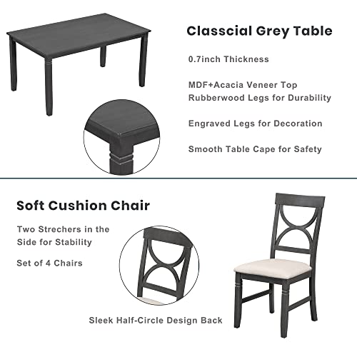 WOZNLA Room 6-Piece Farmhouse Dining Set | Rustic Wood Table with Cushioned Chairs, Bench, and Sturdy Base | Family-Friendly Kitchen Furniture | Comfortable Seating for Memorable Meals, Gray