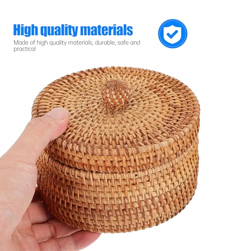 Abaodam Rattan box Small Round Basket Small Wicker Basket with Lid Rattan Storage Basket Box Boho Straw Fruit Snacks Basket for Home Bathroom Shelf Decor