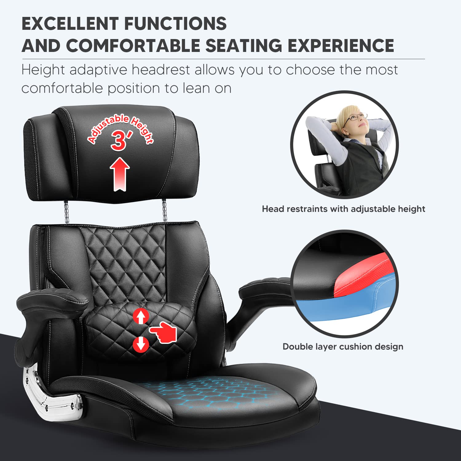 YAMASORO Ergonomic Executive Office Chair Comfortable Computer Desk Chairs with Lumbar Support&FILP-up Arms, High Back PU Leather Swivel Task Chair, Black