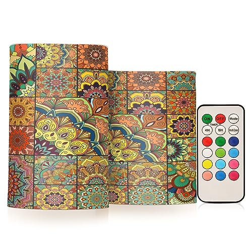 JULYTO Flameless Candles with Remote and Timer Boho Tile Abstract Patchwork Battery Operated Candles Set of 2 Beautiful Flower Flickering Pillar Led Fake Candles for Halloween Christmas Wedding Decor