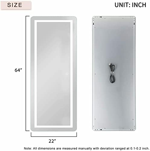 OBIOZZ Bedroom Floor Standing Mirror LED Mirror Full Length Dressing Mirror 65"x22" Large Rectangle Floor Mirror Wall Mirror with Smart Touch Button
