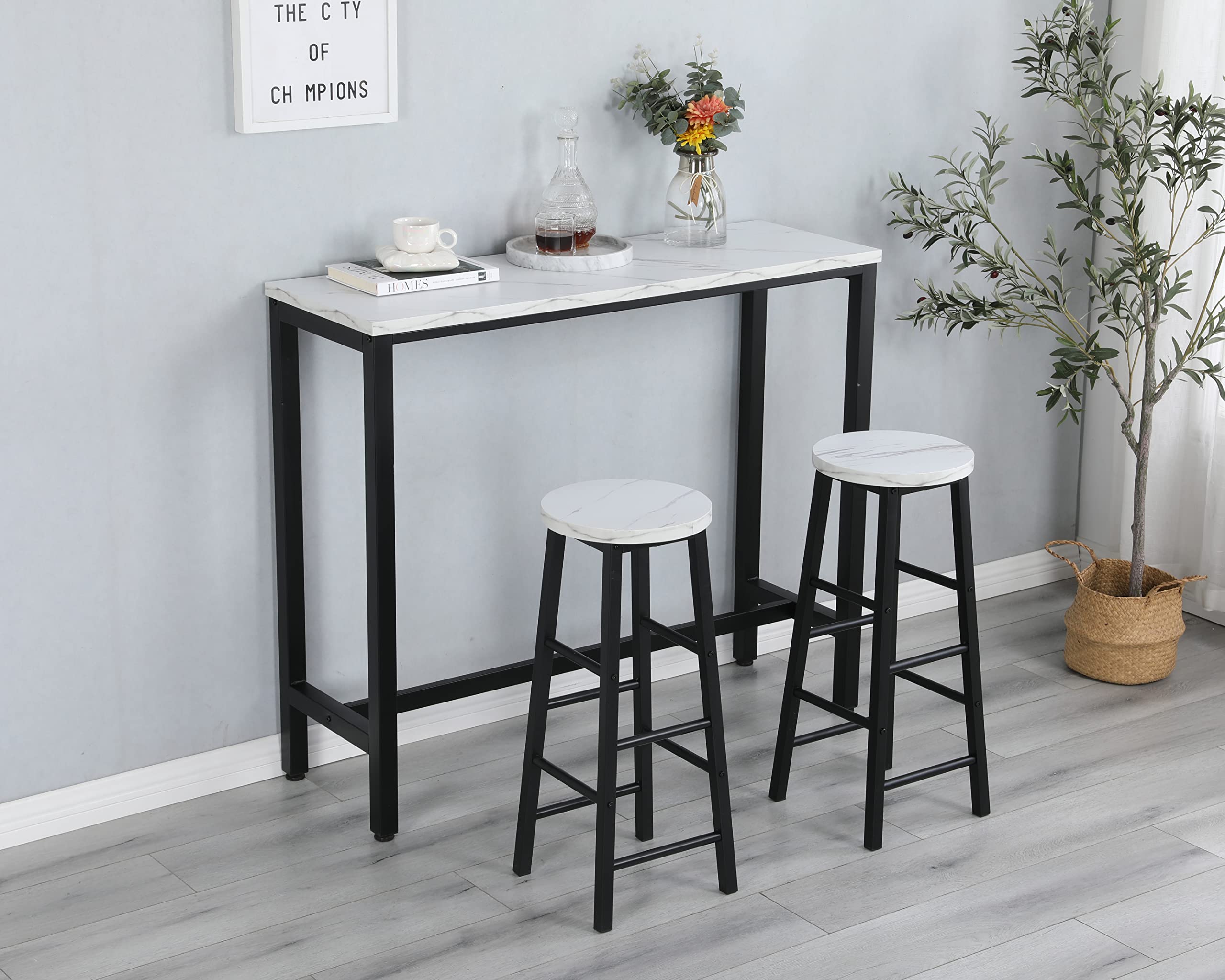 DiMorture Bar Table and Chairs Set Modern Counter Height Pub Table with 2 Stools, 3 Piece Marble Pattern Top & Metal Frame Bar Table Set Dining Table Set Home Kitchen Breakfast Table, White