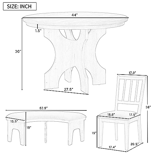 Linique 5-Piece Dining Table Set, 44" Round Dining Table with Curved Bench & Side Chairs for 4-5 People for Dining Room and Kitchen (Natural Wood Wash)