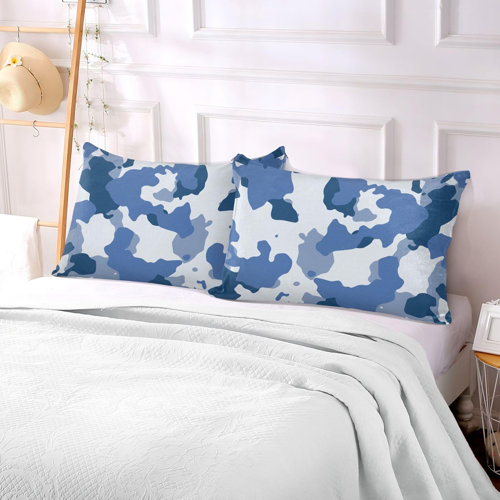 Blue Camo Pillow Cases King Size Soft Cozy Pillowcase with Zipper Skin-Friendly Velvet Pillow Covers for Bedroom Sofa Couch Home Decoration