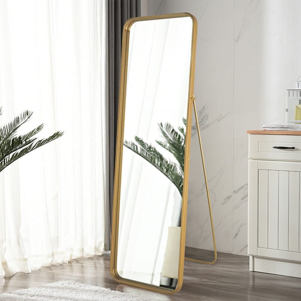 OBIOZZ Floor Mirror, Full Body Mirror Full Length Mirror Standing Gold Rounded Frame with Floor Stand Wrought Iron Full- Body Length Mirror Dressing Mirror for Bedroom Living Room