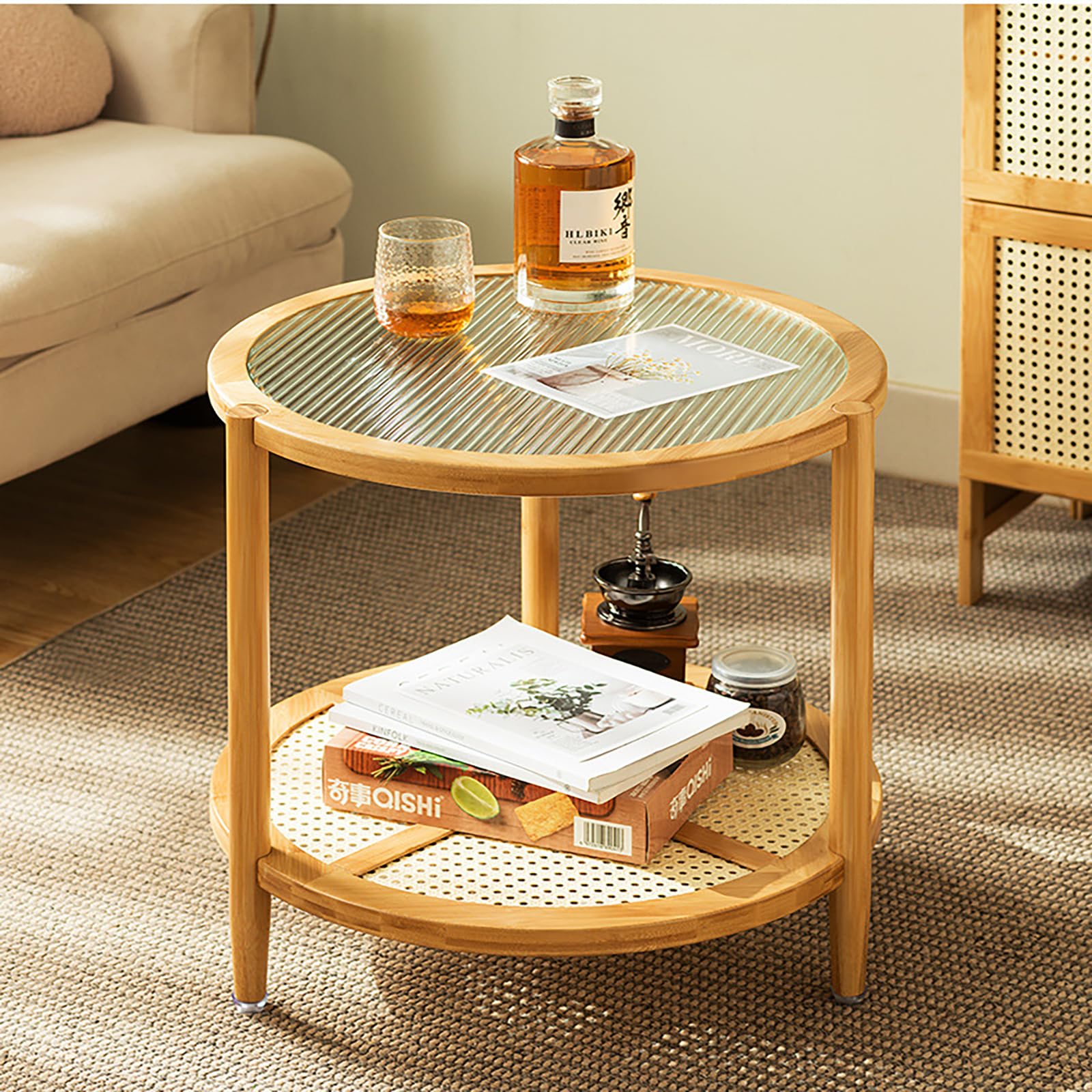 Gdrasuya10 Modern Bamboo Side Table End Table, 2 Tier Round Side Table with Rattan Shelf Glass Tabletop Accent Table Night Stand Bohemia Style for Living Room Balcony (22 inch)
