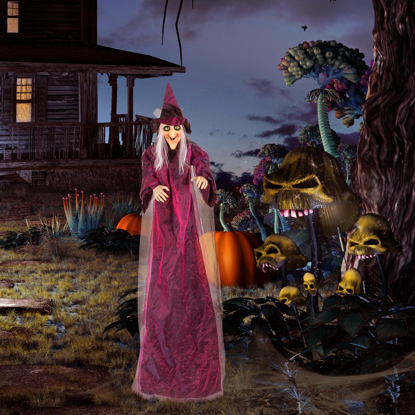 72" Halloween Decorations Outdoor,Hanging Animated Talking Witch Decoration with Light-up Eyes and Sound Activation Function for Halloween Haunted House Prop Everyday Décor Lawn Decor