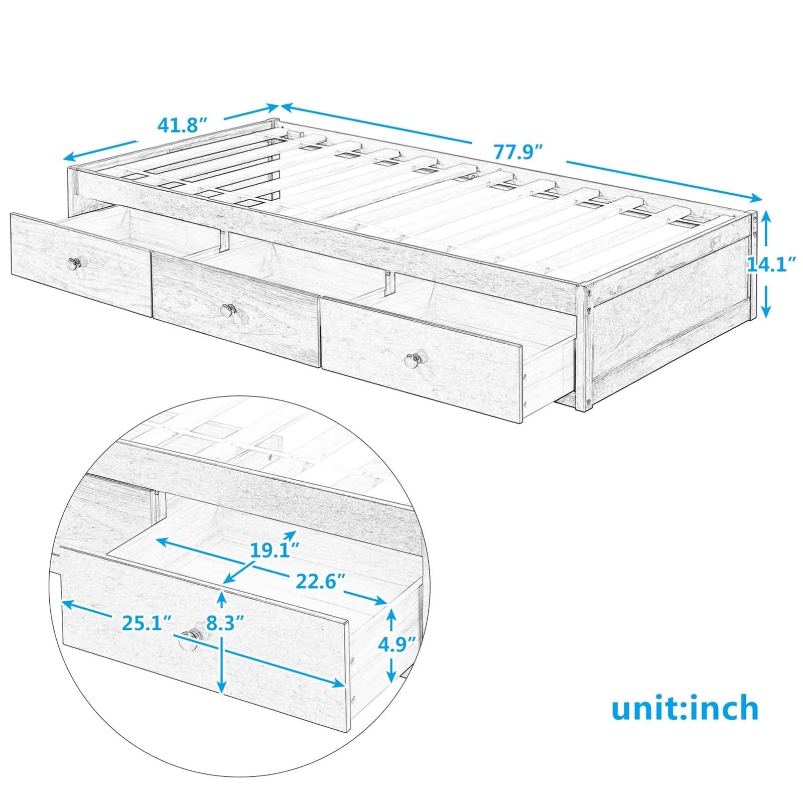 Upholstered Twin Bed, Bed with Drawers Storage Bed with 3 Drawers, Cherry, Solid Wood