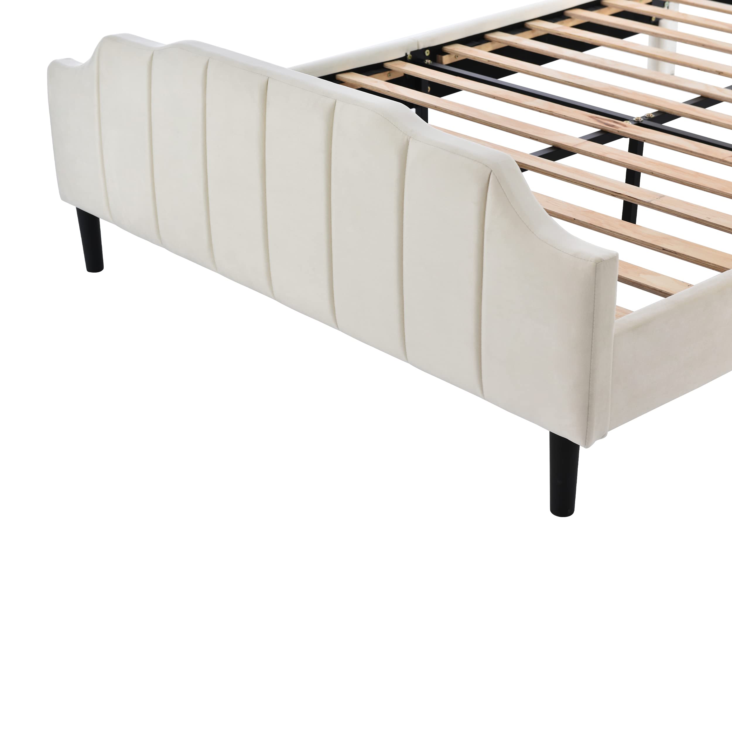 RUNWON Queen Size Upholstered Platform Bed,Bed Frame with Headboard and Footboard for Living Room/Bedroom, Velvet Fabric,Beige