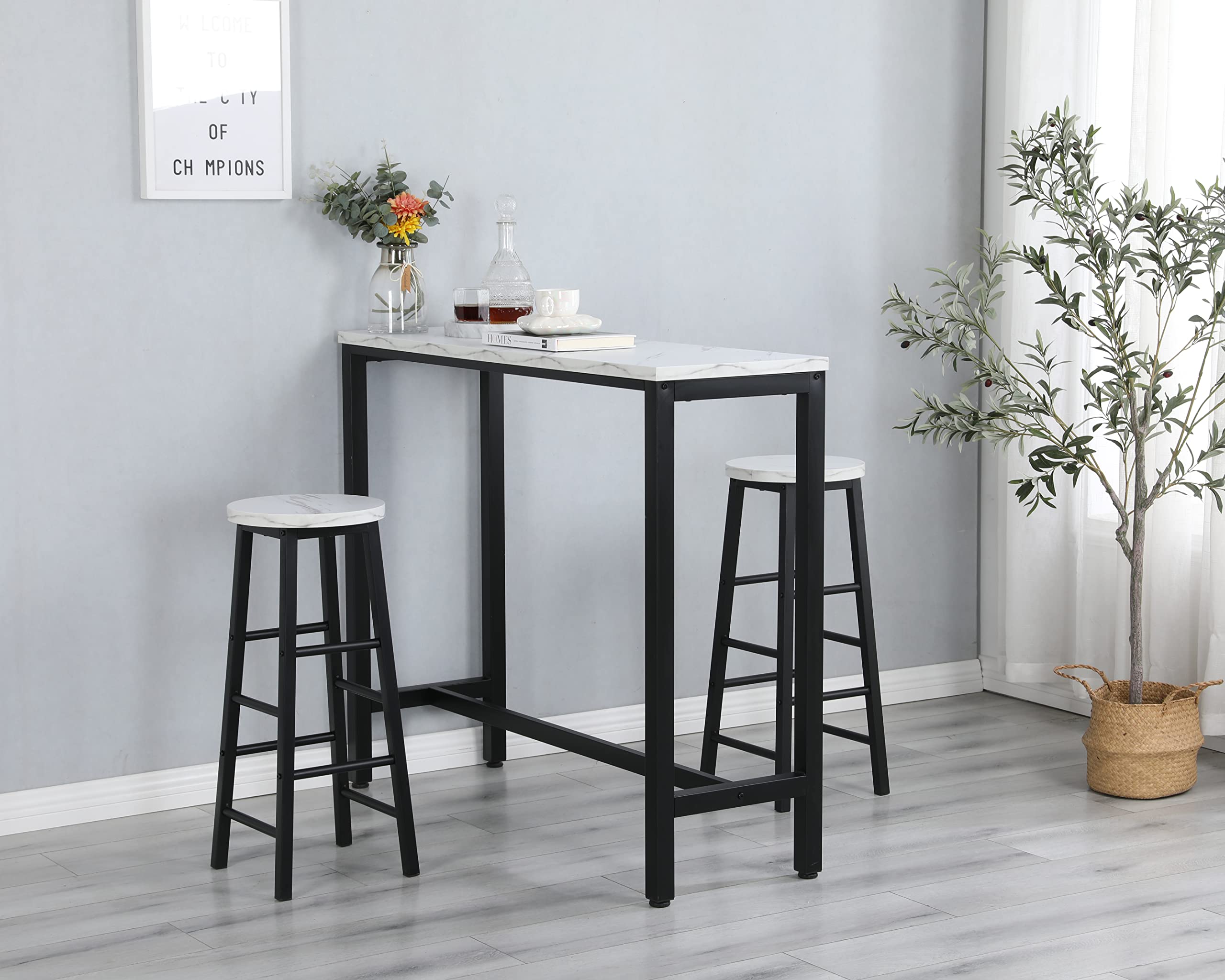DiMorture Bar Table and Chairs Set Modern Counter Height Pub Table with 2 Stools, 3 Piece Marble Pattern Top & Metal Frame Bar Table Set Dining Table Set Home Kitchen Breakfast Table, White