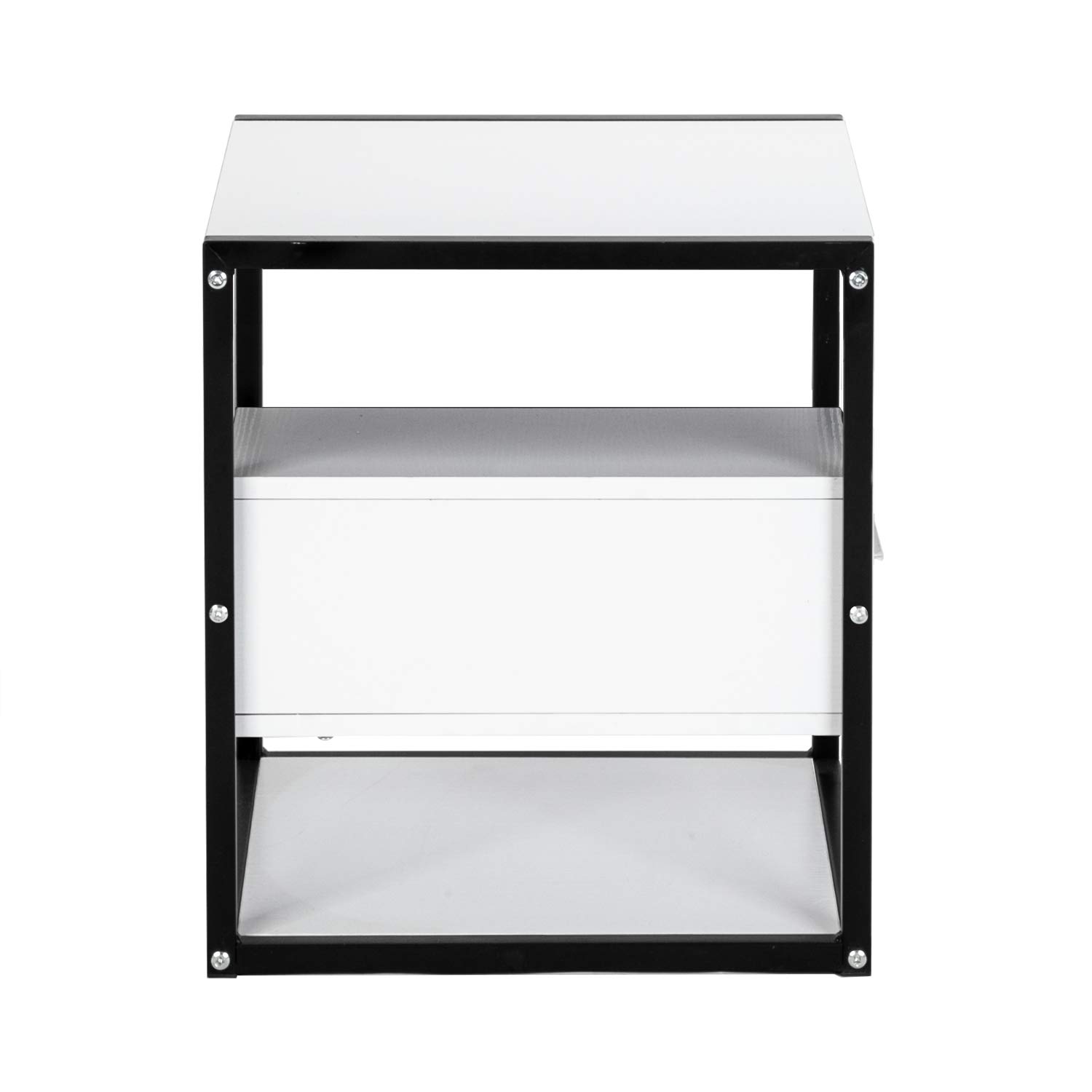 Nightstand Set of 1 with Drawer Modern Square End Side Table for Storage, Open Shelf in Bedroom, Living Room, Small Space, Stable Metal Frame, White