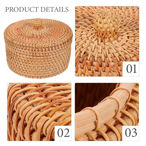Abaodam Rattan box Small Round Basket Small Wicker Basket with Lid Rattan Storage Basket Box Boho Straw Fruit Snacks Basket for Home Bathroom Shelf Decor