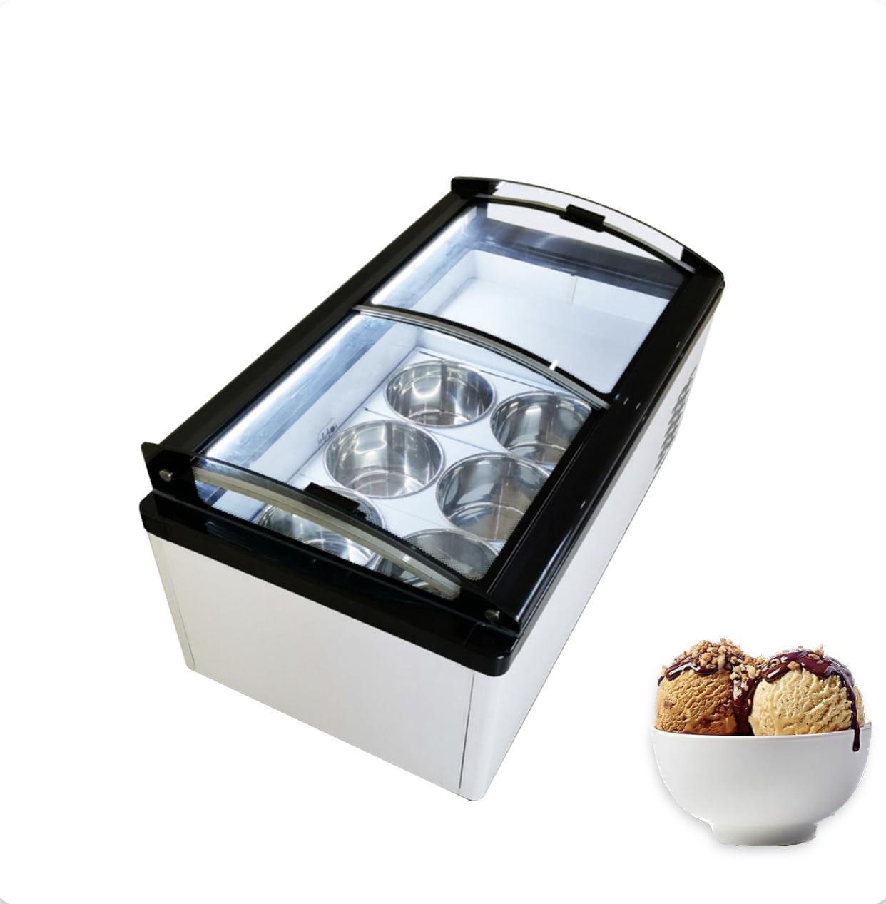 Ice Cream Display Freezer with 6 Pans, LED Illuminated Gelato Dipping Case, Refrigerator Display Cabinet with Reinforced Insulation Board