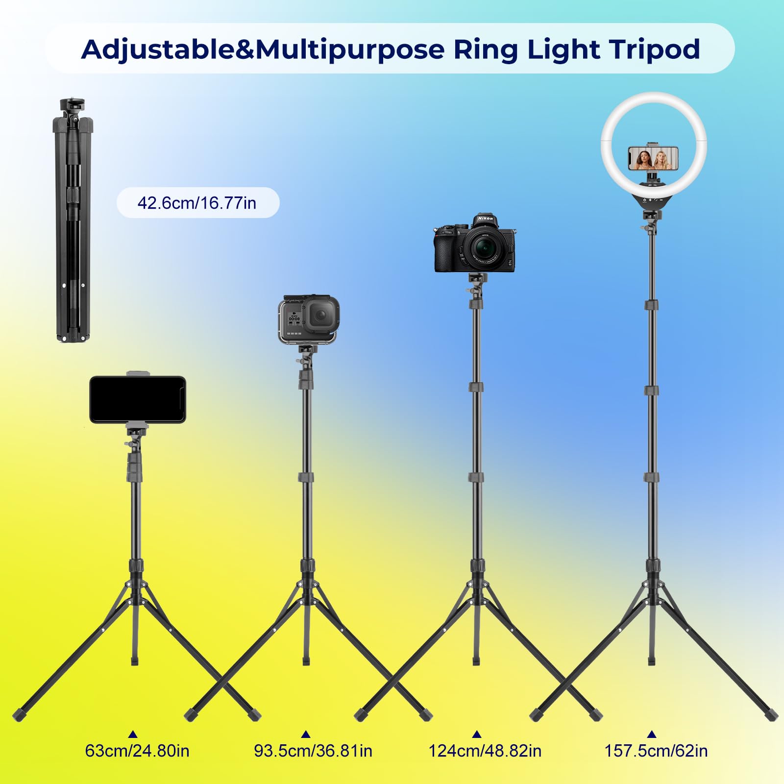 64” Phone&Tablet Tripod, Aureday Cell Phone Tripod for iPhone with Wireless Remote and Phone Holder Bundle with 14'' Selfie Ring Light with 62'' Tripod Stand and Phone Holder, Dimmable LED Phone Ringl