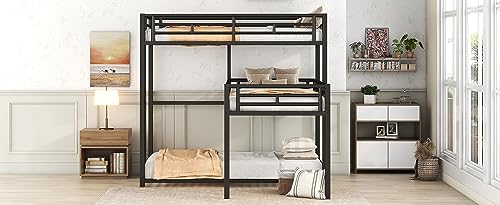 Twin Bunk Bed, Black Twin Bed L-Shaped Metal Triple Bed Frame for Kids and Toddlers, Non-Slip and Noise-Free