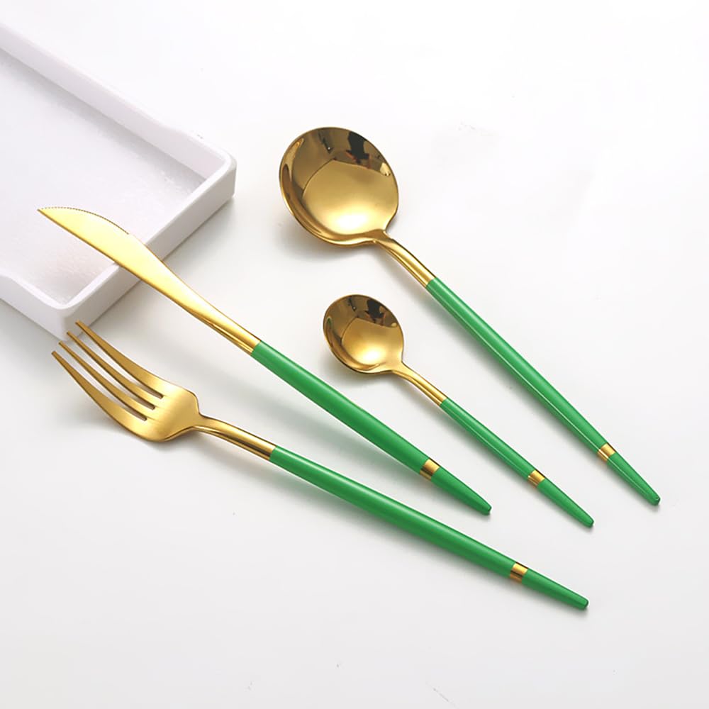 Aimilan 24 Piece Green Silverware Set For 6, 18 10 Stainless Steel Titanium-plated Flatware Set, Portugal Cutlery Set Includes Knife/Fork/Spoon Mirror Polished, Dishwasher Safe (24-Piece for 6)