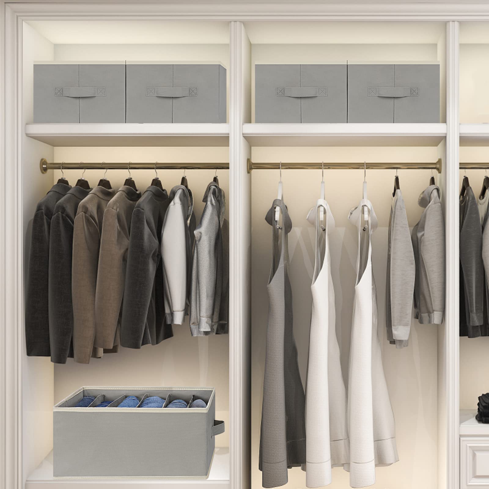Baesyhom 12-Slot Jeans Organizer and 6-Slot Pants Organizer for Clothes, Jeans, Sweater, T-shirt, Dress Stackable for Wardrobe Closet Drawer Organizer Storage Bin Container, Dark Grey & Grey