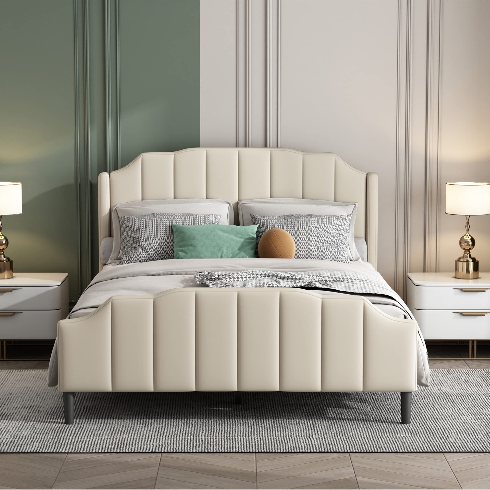 RUNWON Queen Size Upholstered Platform Bed,Bed Frame with Headboard and Footboard for Living Room/Bedroom, Velvet Fabric,Beige