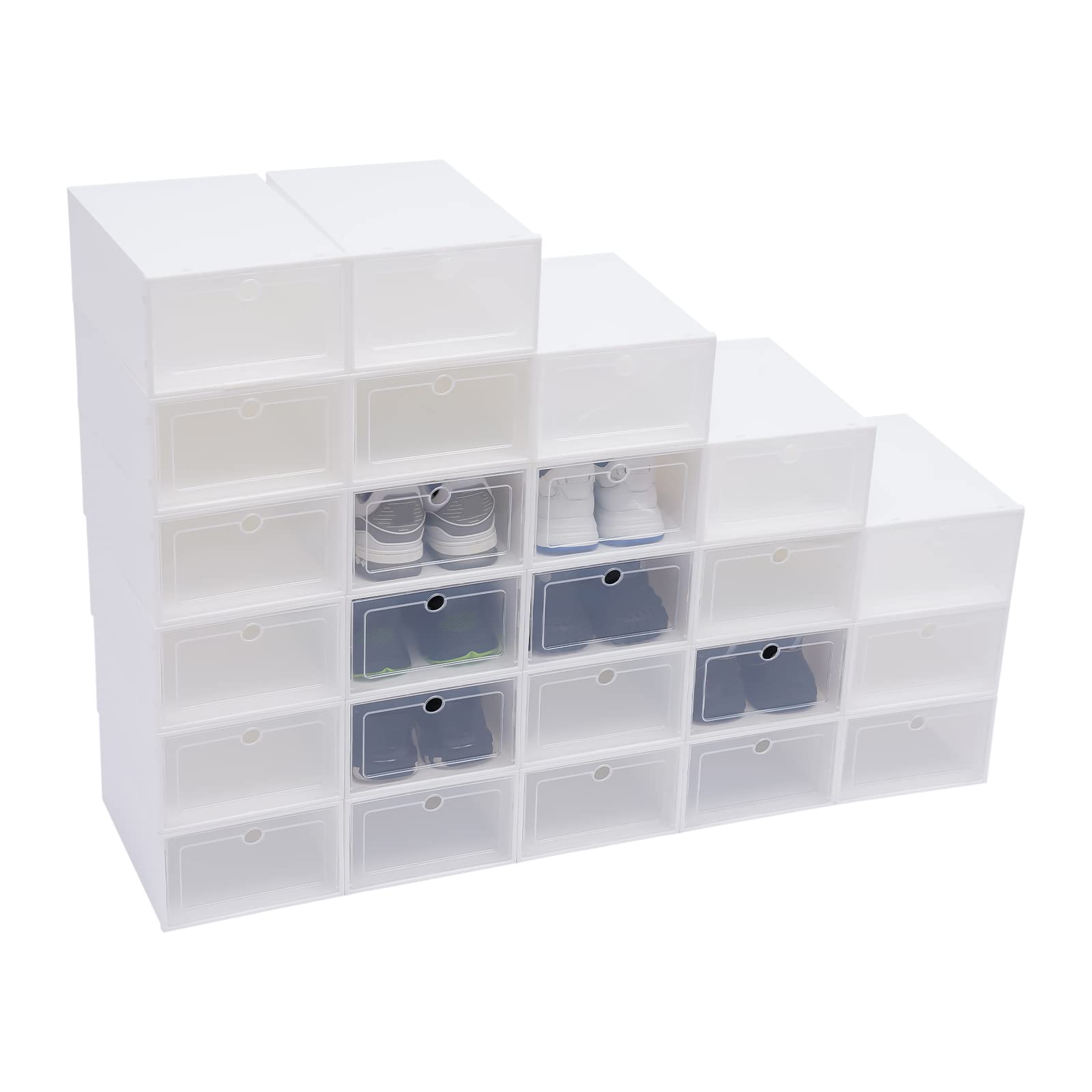 Flhonudi 24 Pack Shoe Storage Boxes Shoe Boxes with Door Shoe Plastic Stackable Shoe Organizer Boxes Multifunctional Sneaker Organizer Drop Front Shoe Box Easy Assembly