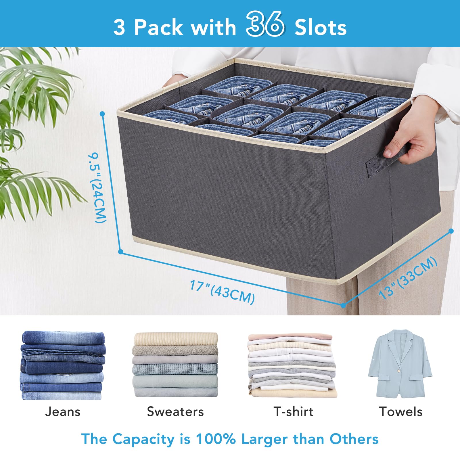 Baesyhom 12-Slot Jeans Organizer and 6-Slot Pants Organizer for Clothes, Jeans, Sweater, T-shirt, Dress Stackable for Wardrobe Closet Drawer Organizer Storage Bin Container, Dark Grey & Grey