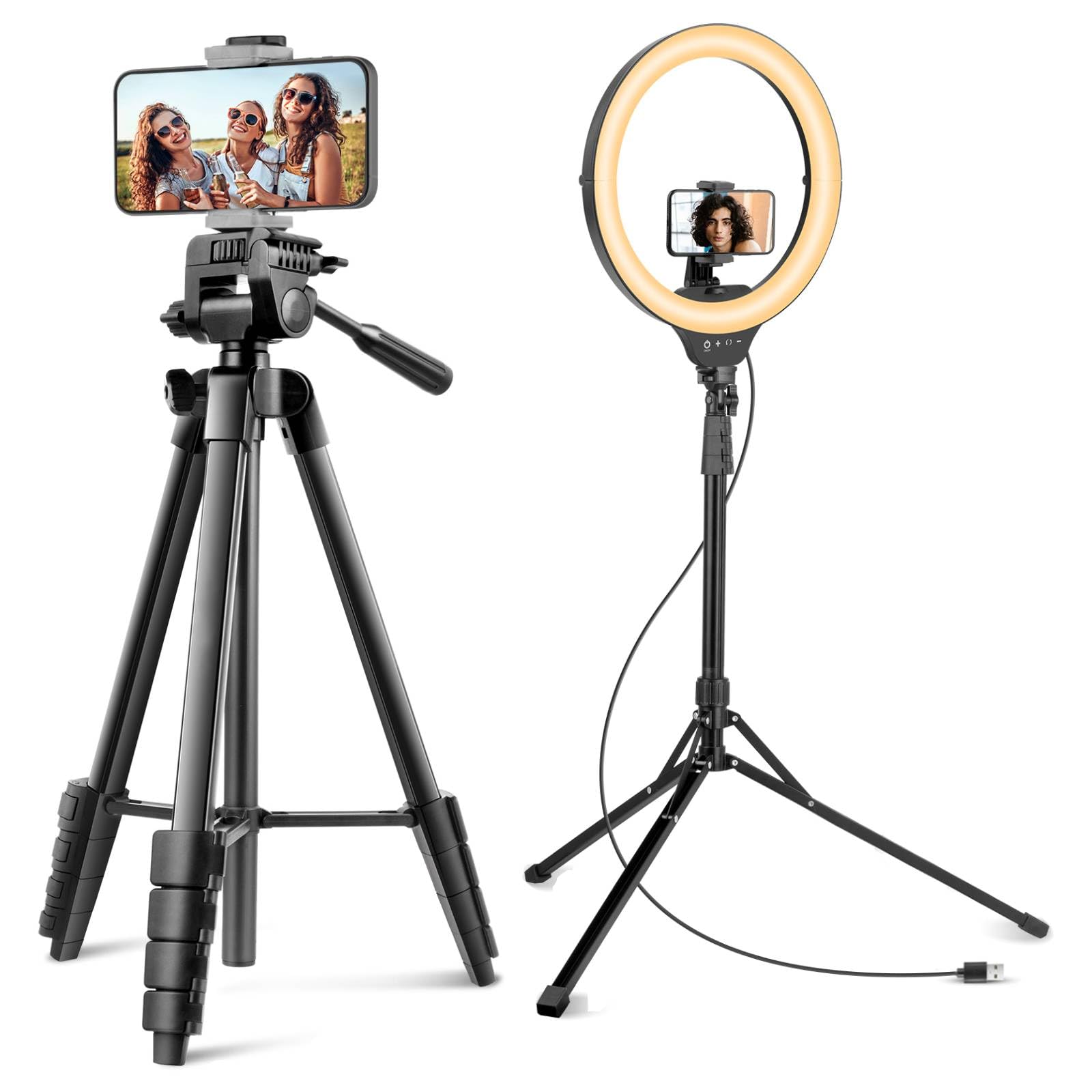 64” Phone&Tablet Tripod, Aureday Cell Phone Tripod for iPhone with Wireless Remote and Phone Holder Bundle with 14'' Selfie Ring Light with 62'' Tripod Stand and Phone Holder, Dimmable LED Phone Ringl