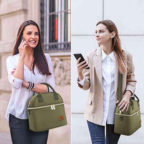 Hafmall Insulated Lunch Bag for Women Men, 9L Dual Compartment Lunch Tote Bag with Shoulder Straps, Reusable Adult Lunch Box for Work/School/Picnic, Green