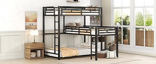 Twin Bunk Bed, Black Twin Bed L-Shaped Metal Triple Bed Frame for Kids and Toddlers, Non-Slip and Noise-Free