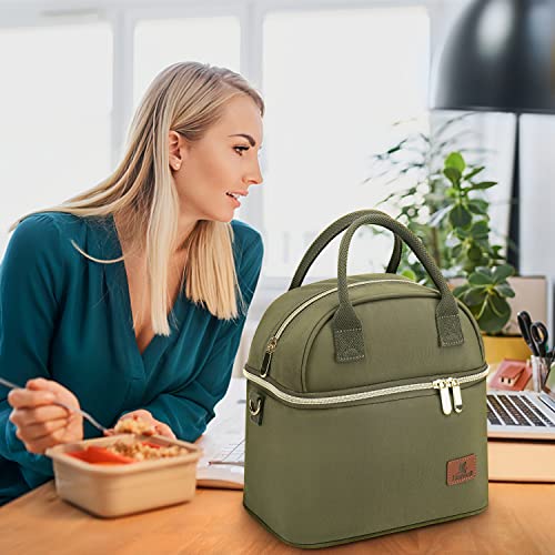 Hafmall Insulated Lunch Bag for Women Men, 9L Dual Compartment Lunch Tote Bag with Shoulder Straps, Reusable Adult Lunch Box for Work/School/Picnic, Green