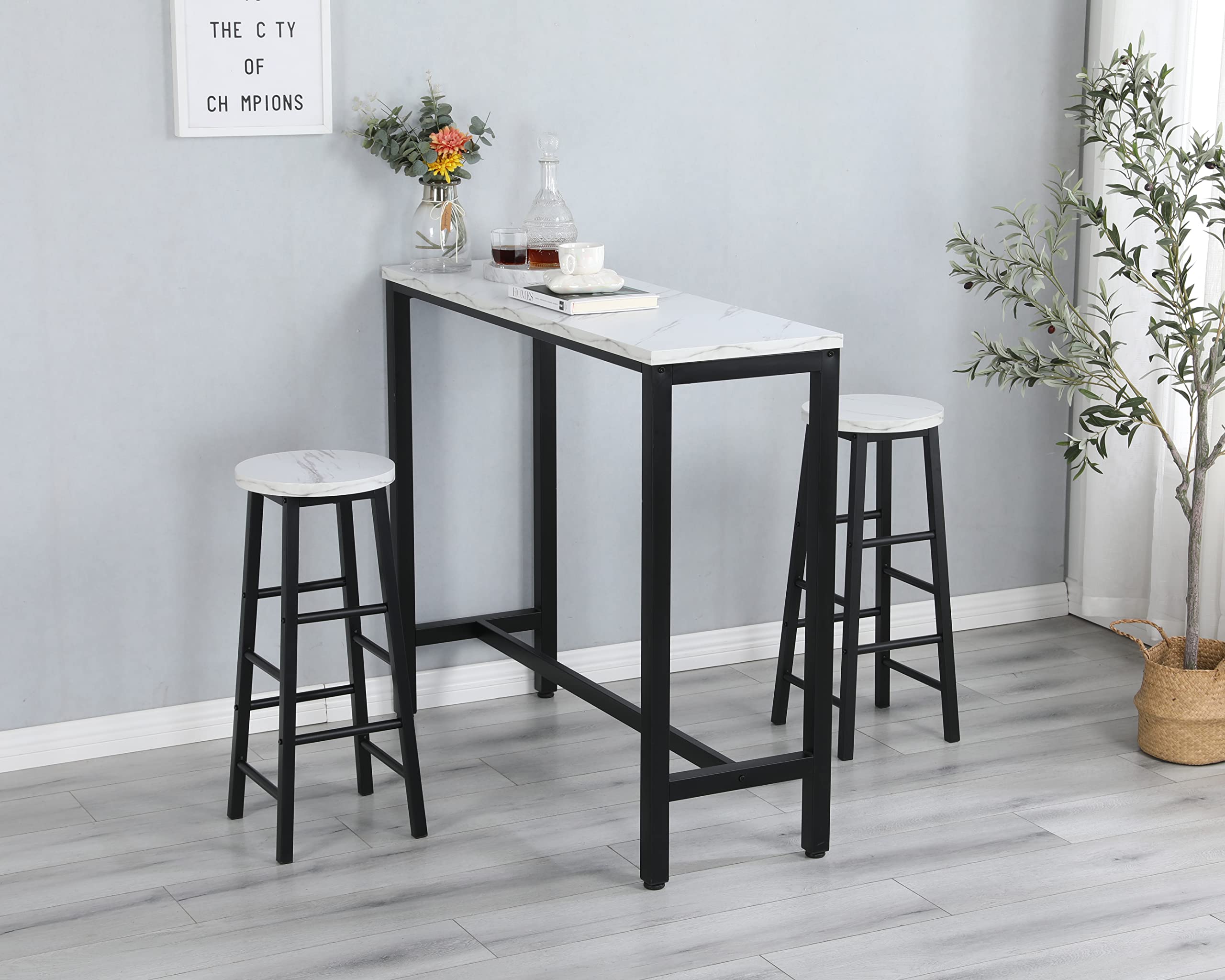 DiMorture Bar Table and Chairs Set Modern Counter Height Pub Table with 2 Stools, 3 Piece Marble Pattern Top & Metal Frame Bar Table Set Dining Table Set Home Kitchen Breakfast Table, White
