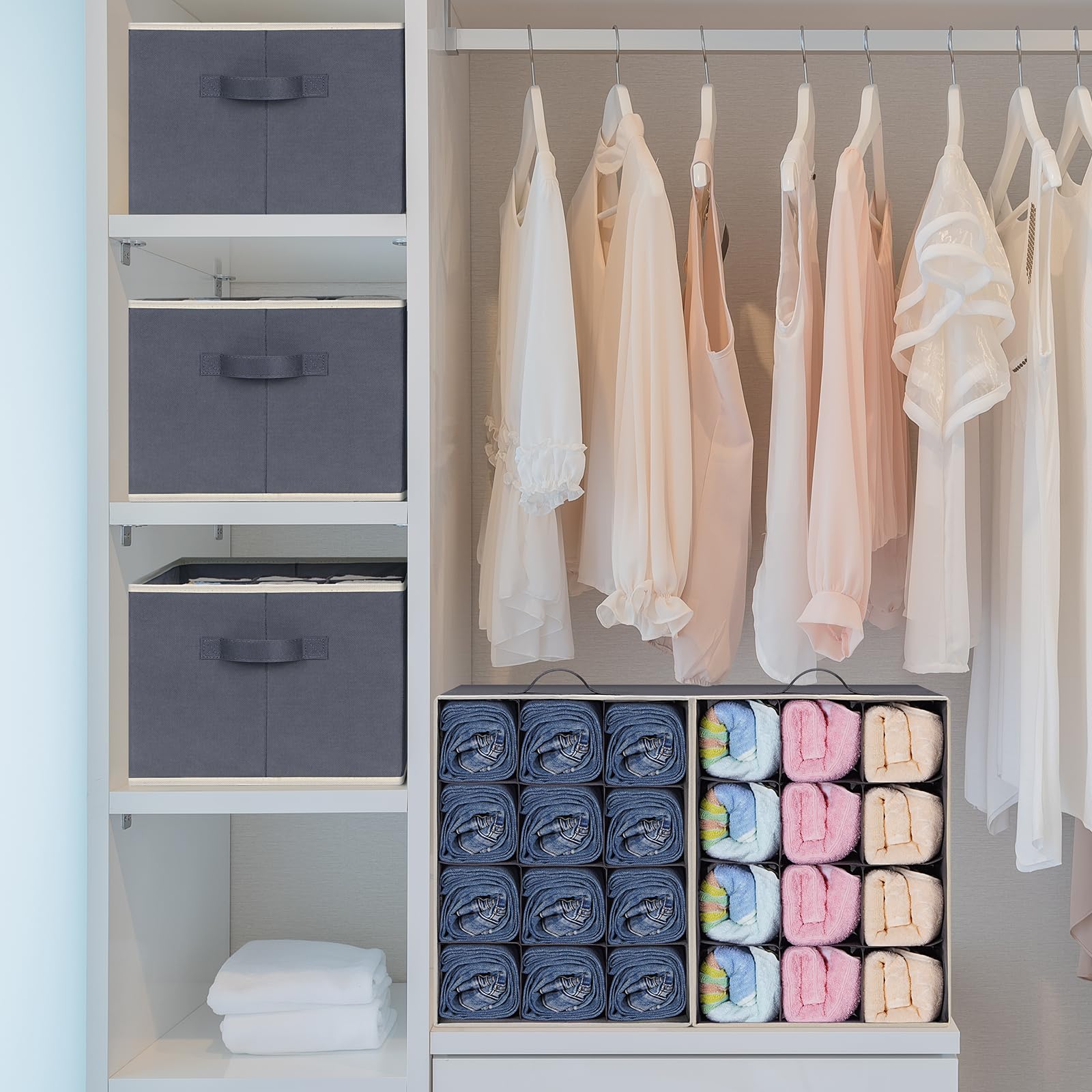 Baesyhom 12-Slot Jeans Organizer and 6-Slot Pants Organizer for Clothes, Jeans, Sweater, T-shirt, Dress Stackable for Wardrobe Closet Drawer Organizer Storage Bin Container, Dark Grey & Grey