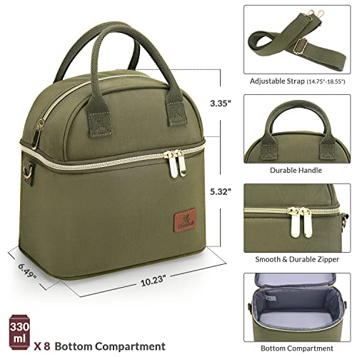 Hafmall Insulated Lunch Bag for Women Men, 9L Dual Compartment Lunch Tote Bag with Shoulder Straps, Reusable Adult Lunch Box for Work/School/Picnic, Green