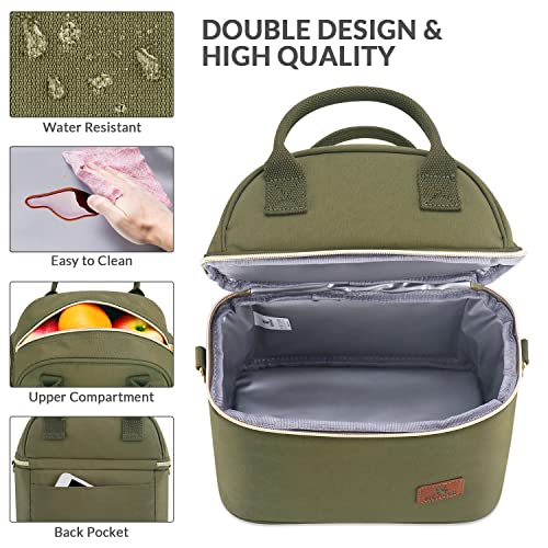 Hafmall Insulated Lunch Bag for Women Men, 9L Dual Compartment Lunch Tote Bag with Shoulder Straps, Reusable Adult Lunch Box for Work/School/Picnic, Green