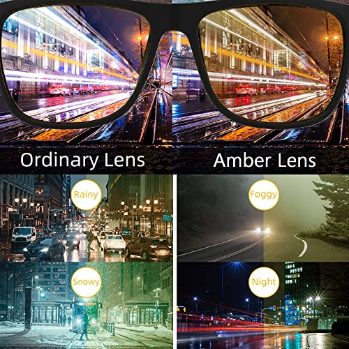 B BIKRUL Best anti glare Amber lens night vision glasses for driving,computer gaming glasses for men for eye strain,black square blue light glasses men