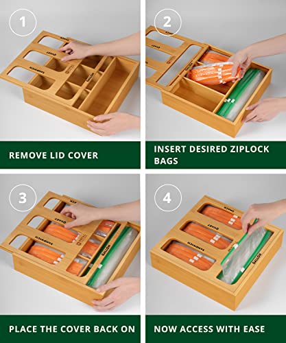 ROYAL CRAFT WOOD Bamboo Ziplock Bag Storage Organizer - Food Storage Bags Container with Slider - Kitchen Plastic Bags Storage Organization Compatible for Sandwich & Snack Bags
