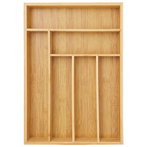Juvale Narrow Bamboo Silverware Drawer Organizer, Wooden Cutlery Tray Holder for Kitchen, Flatware & Utensil Storage with 6 Slots, 14.5 x 10.25 x 1.75 Inches