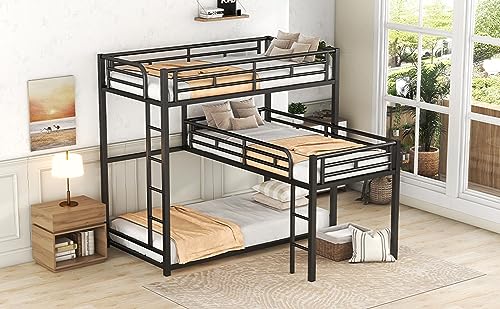 Twin Bunk Bed, Black Twin Bed L-Shaped Metal Triple Bed Frame for Kids and Toddlers, Non-Slip and Noise-Free