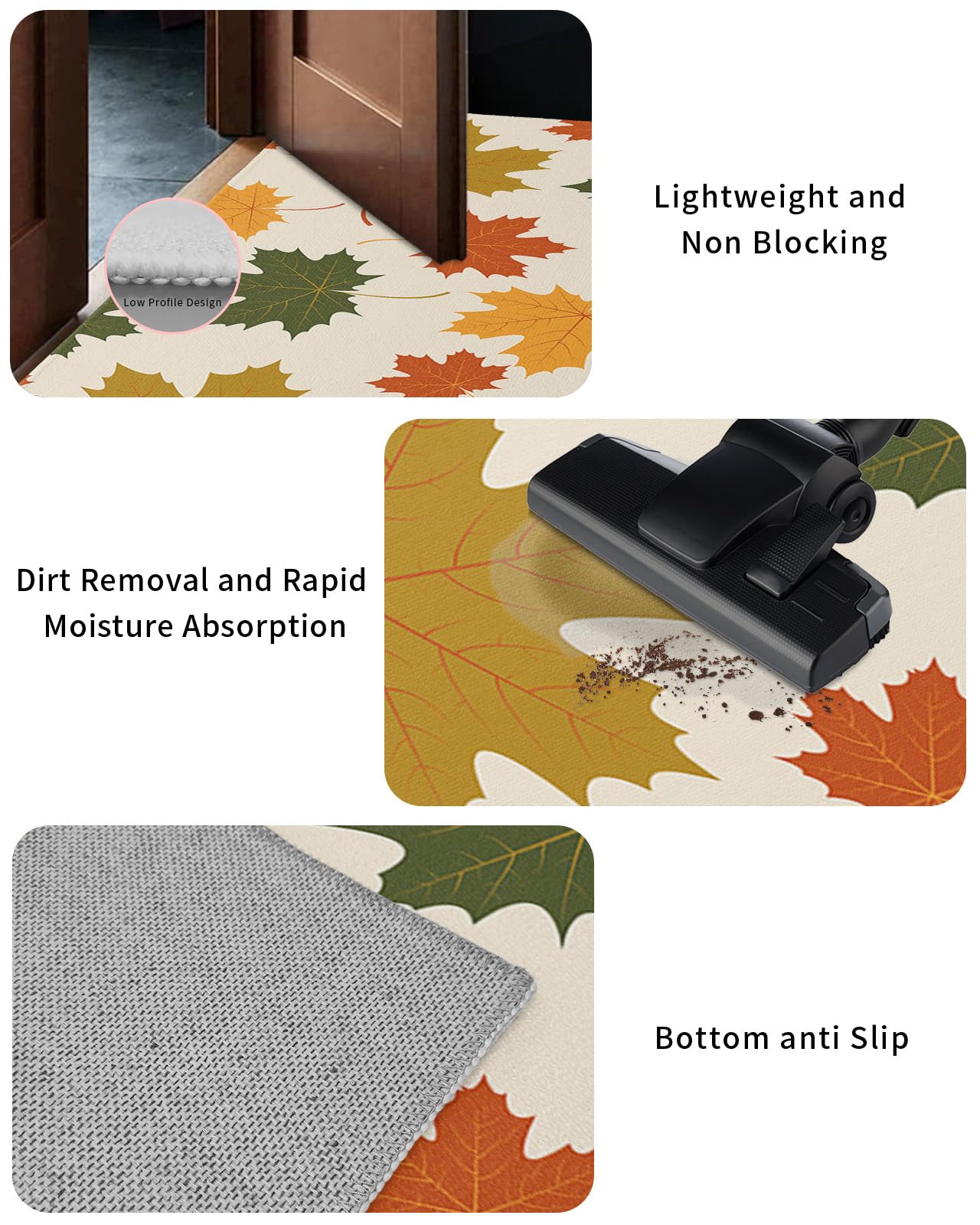 KITHOME Front Door Mat Autumn Maple and Fallen Leaves Tile Pattern Indoor Outdoor Entrance Doormat Washable Floor Mats for Front Door Bathroom Kitchen Runner Rugs 16x47 Inch